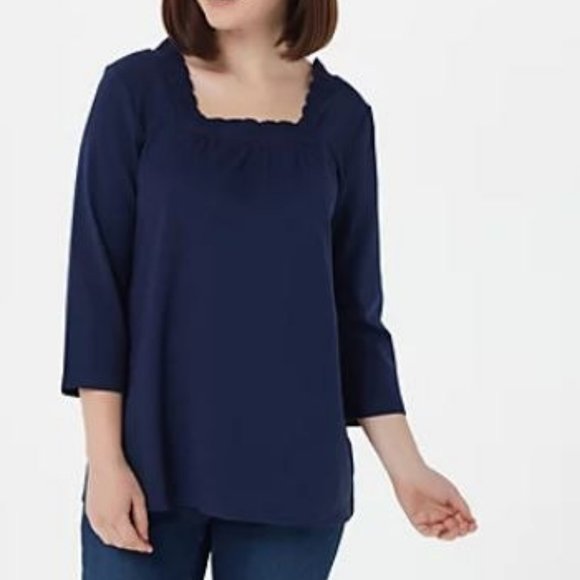Denim&Co | Tops | Denim Co Jersey Square Neck Elbow Sleeve Top W Lace ...
